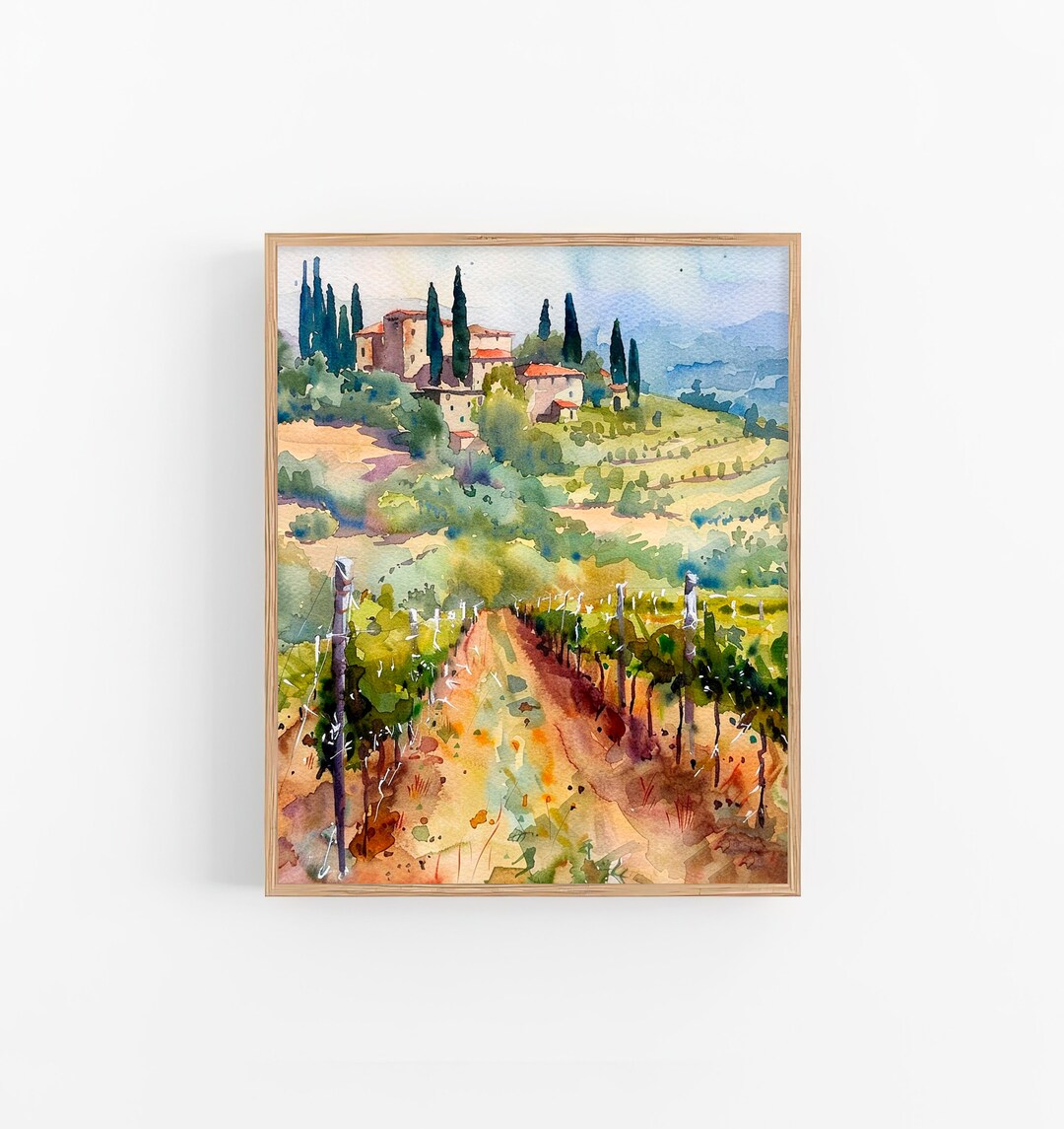 Tuscany Vineyard Watercolor Art Print: Italian Landscape Painting - Etsy