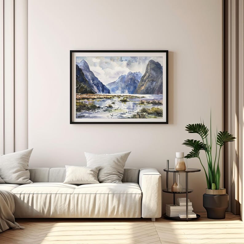 Milford Sound Watercolor Painting New Zealand Landscape Art Print ...
