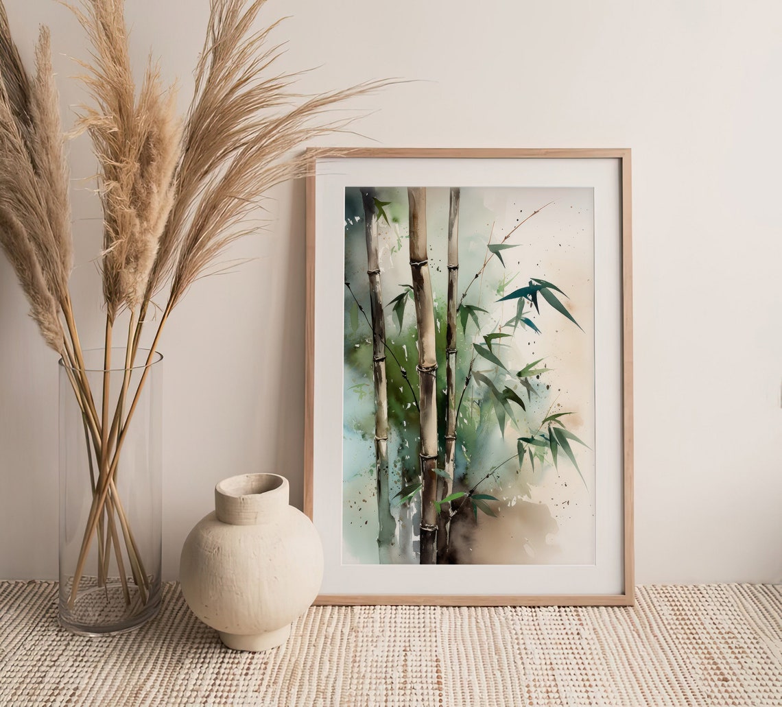 Bamboo Watercolor Art Print Bamboo Tree Painting Minimalist - Etsy