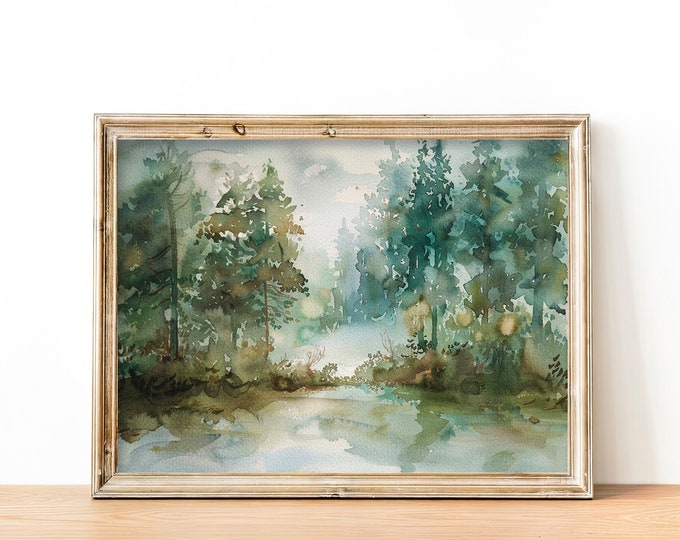 Pine Tree Watercolor Art Print From Original Painting Vermont Landscape Wall Art Foggy Forest ...