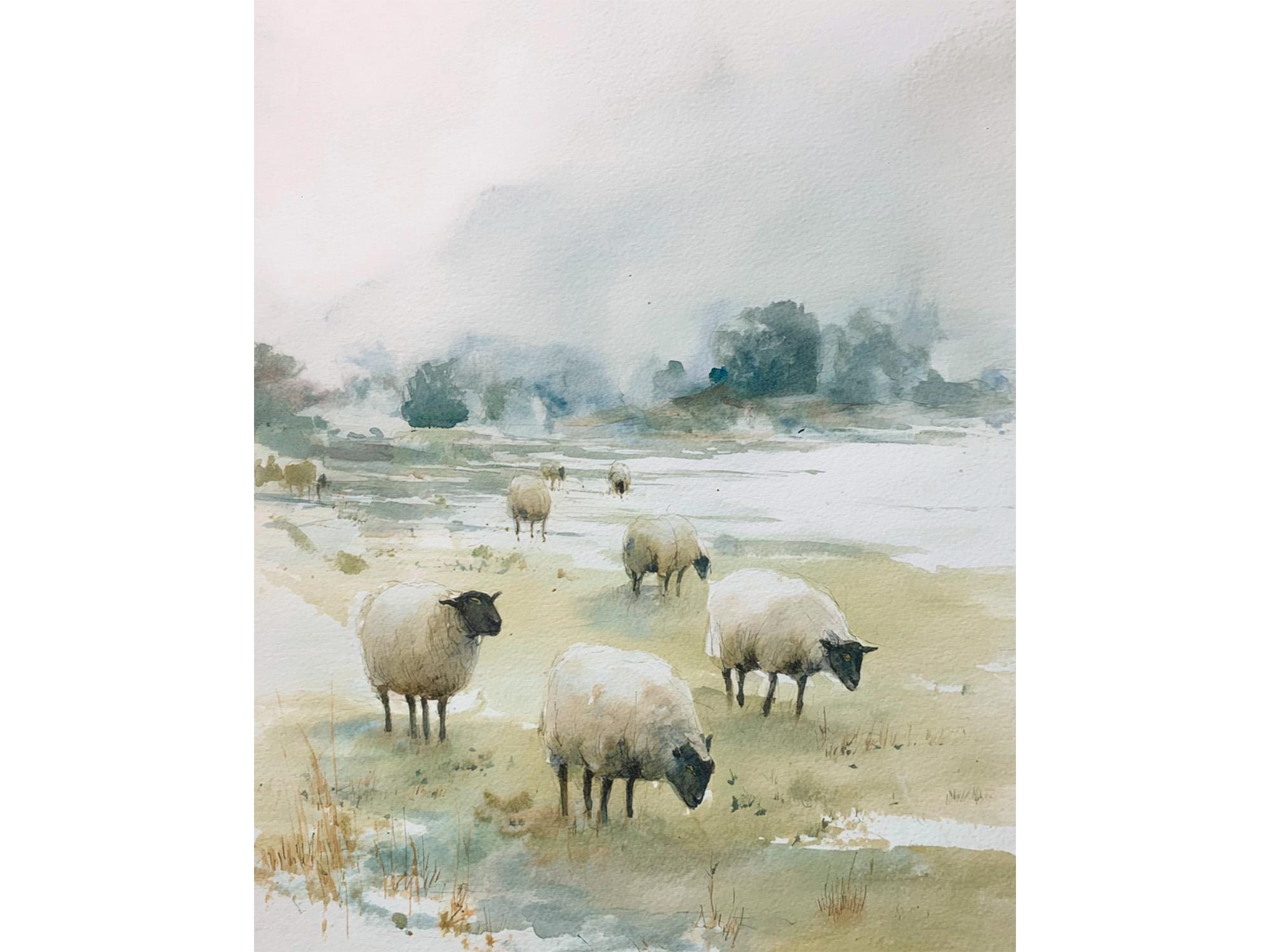 Sheep Watercolor Painting Pasture Landscape Art Print Misty Farm Scene ...