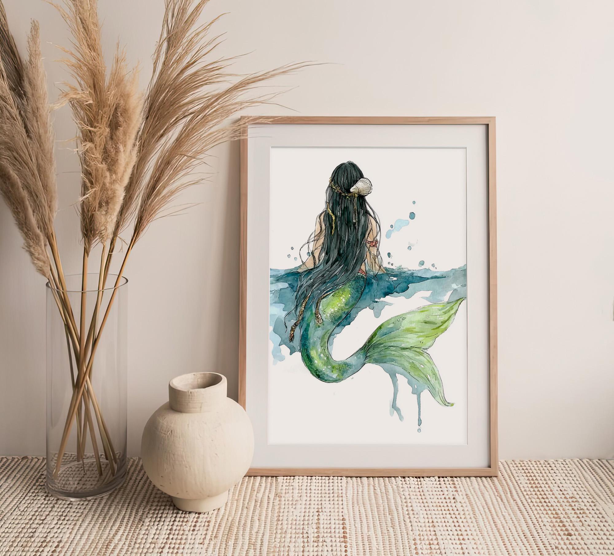 Mermaid Watercolor Print Ocean Wall Art Fantasy Sea Girl Poster Coastal ...