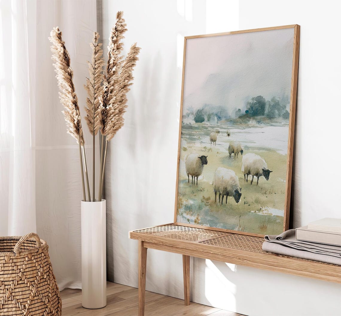 Sheep Watercolor Painting Pasture Landscape Art Print Misty Farm Scene ...