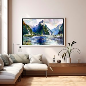 Milford Sound Watercolor Art Print New Zealand Landscape Mountains ...