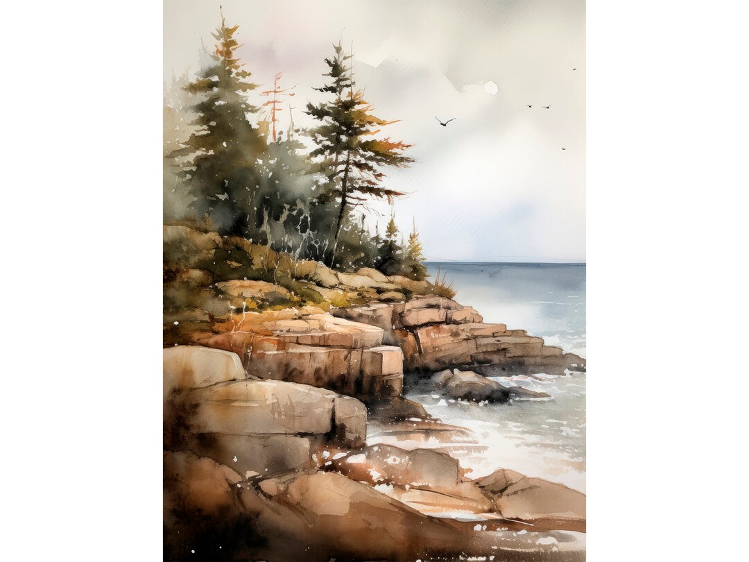 Acadia Painting Pine Trees Watercolor Art Print National Park Artwork ...