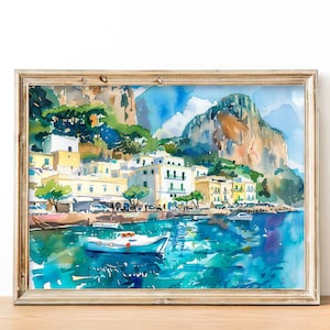 Capri Island Watercolor Painting Italian Seascape Artprint Italy ...