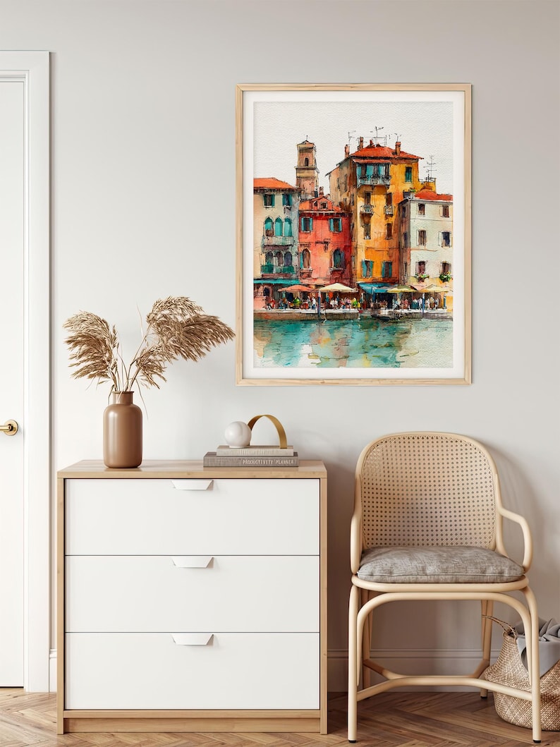 Venice Watercolor Painting: Italian Cityscape Wall Art Colorful Canal ...