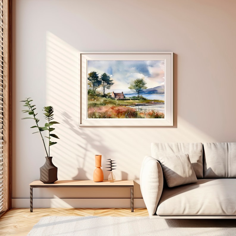 Scottish Countryside Watercolor Painting Scotland Landscape Fields ...