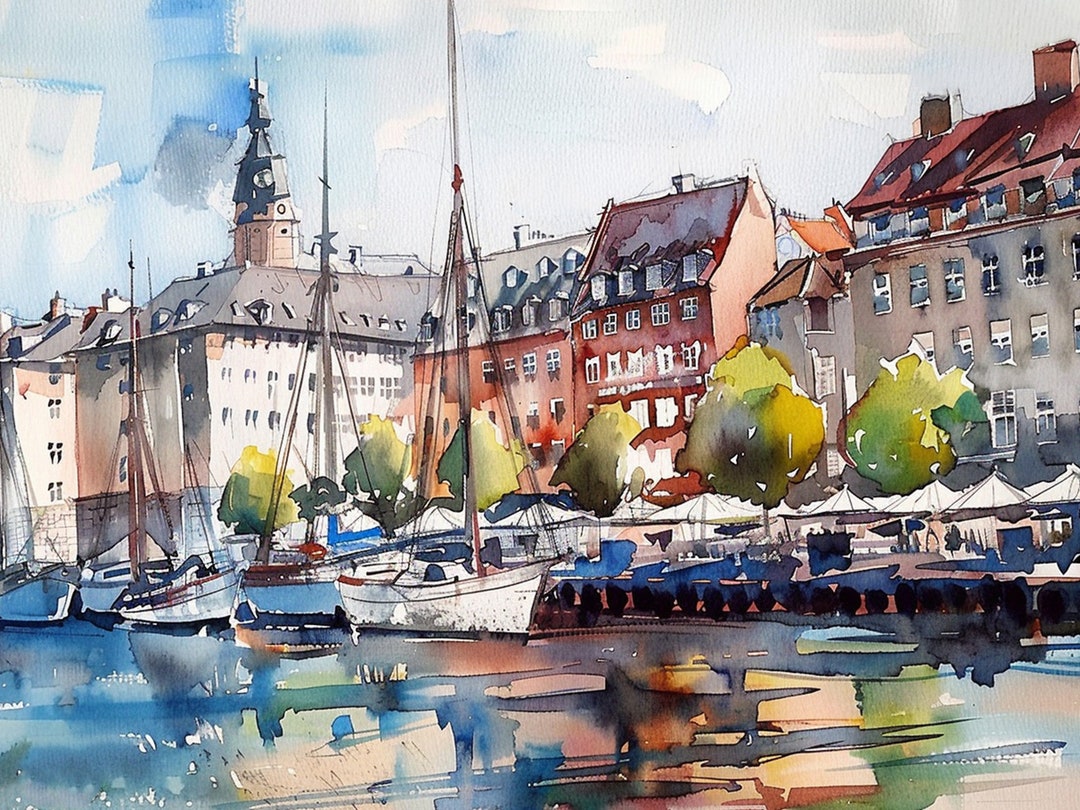 Copenhagen Watercolor Painting Denmark Cityscape Art Print Scandinavian ...