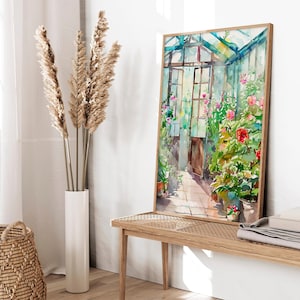 Greenhouse Art Print Flowers House Watercolor Painting Greenhouse Wall ...