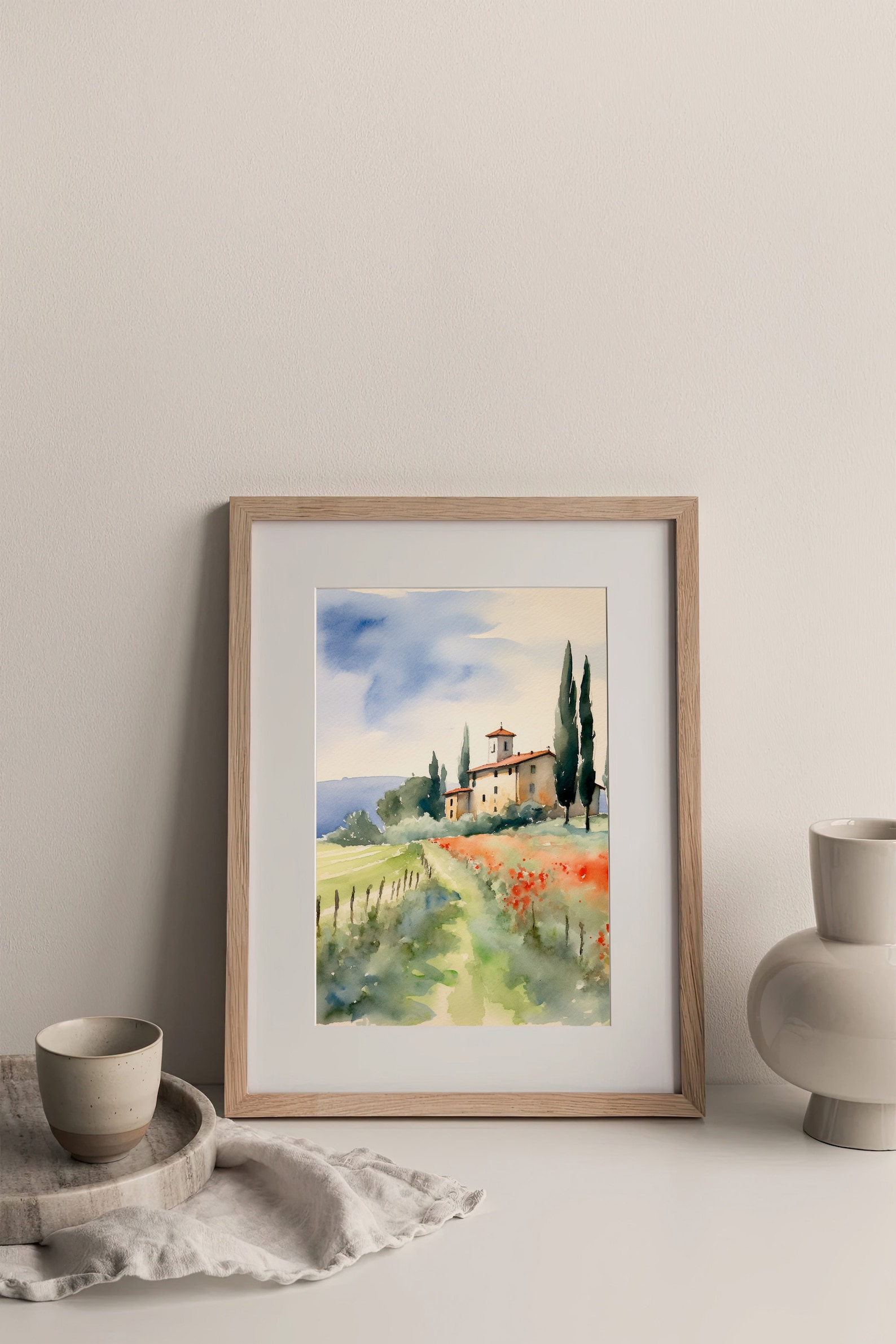 Tuscany Countryside Watercolor Art Print Poppy Fields Watercolor ...