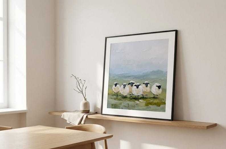Sheep Flock Oil Painting Art Print on Canvas Minimal Landscape Wall Art ...