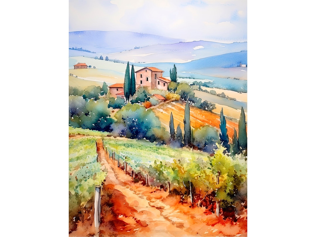 Tuscany Winery Watercolor Art Print Italy Landscape Painting Tuscany ...