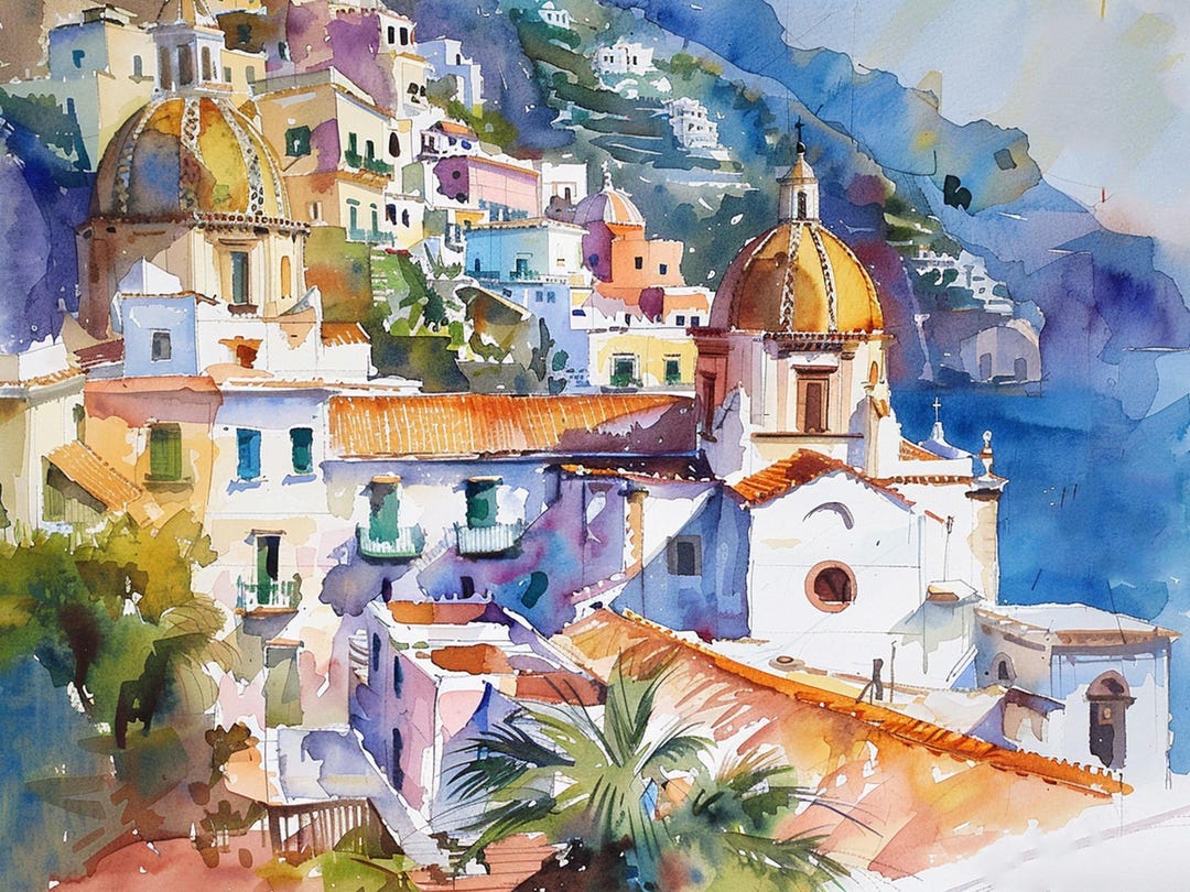 Positano Amalfi Coast Art Print Italian Cityscape Watercolor Art Italy ...