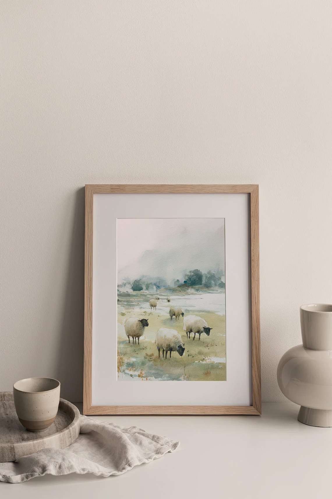Sheep Watercolor Painting Pasture Landscape Art Print Misty Farm Scene ...