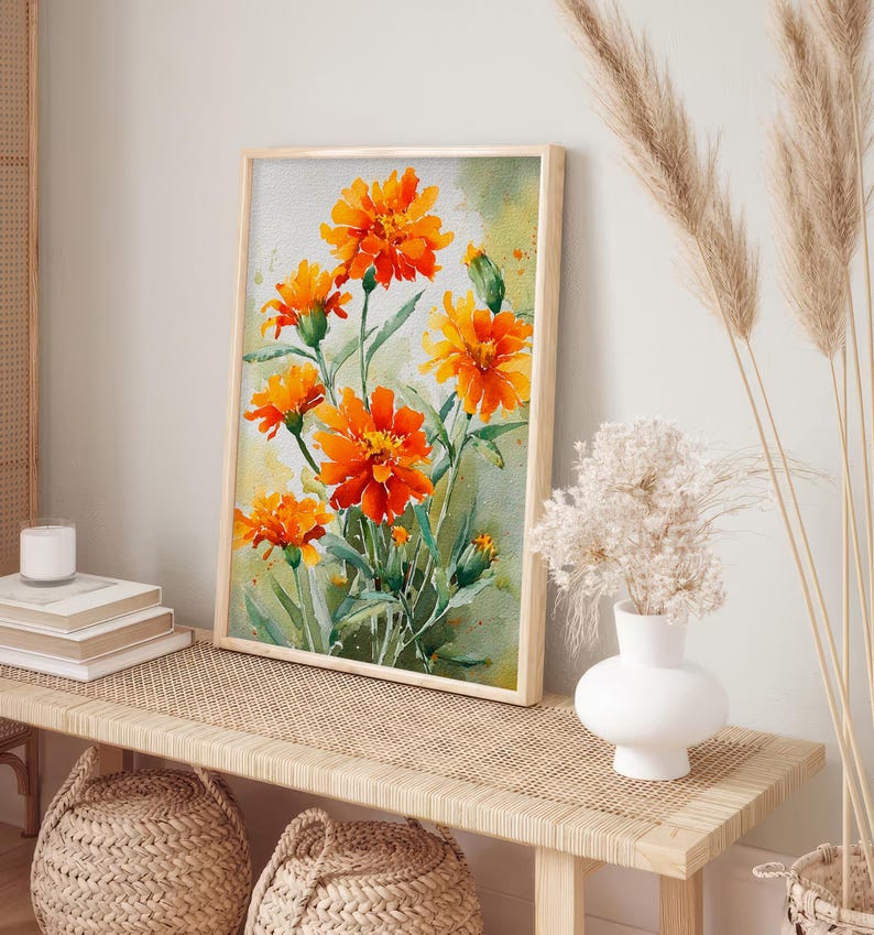 Orange Marigolds Watercolor Print Floral Botanical Painting Garden ...