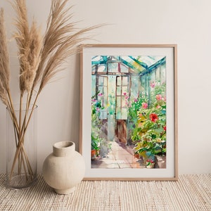 Greenhouse Art Print Flowers House Watercolor Painting Greenhouse Wall ...