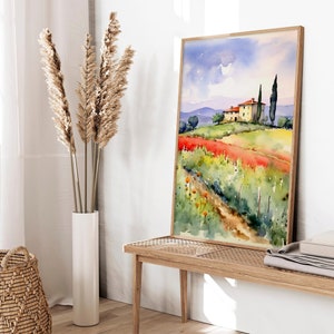 Tuscany Countryside Watercolor Painting Red Poppies Fields Watercolor Painting Italy Landscape ...