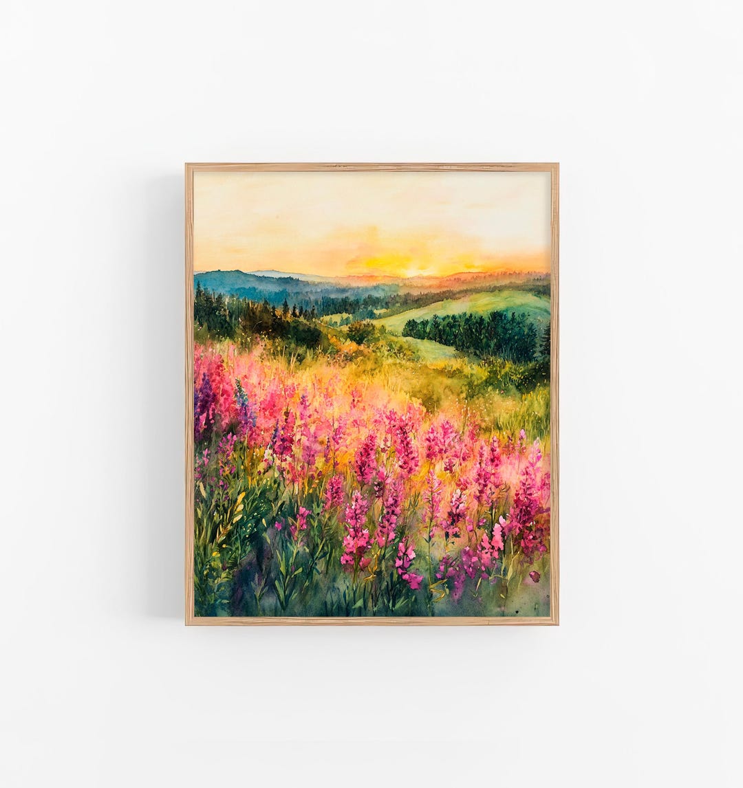 Rocky Wildflower Meadow Sunset Watercolor Painting Scenic Landscape Art ...