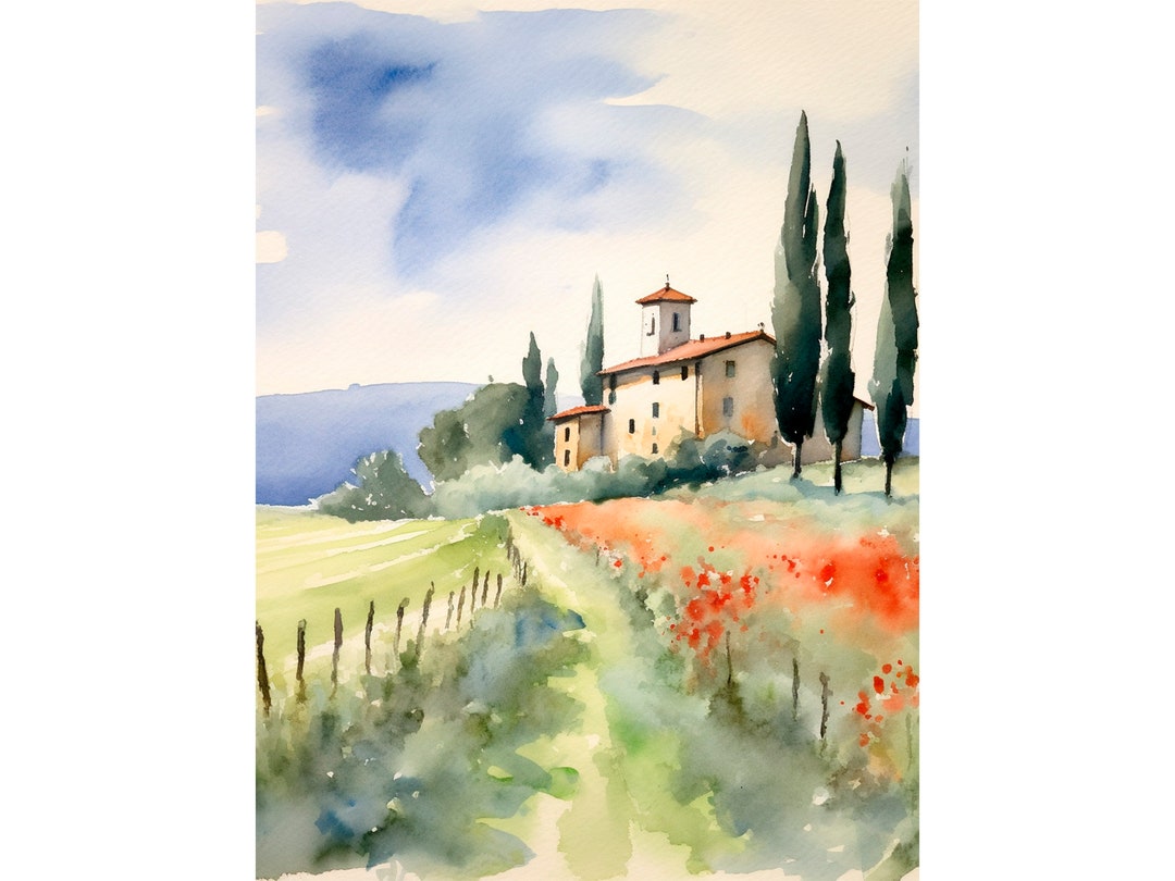 Tuscany Countryside Watercolor Art Print Poppy Fields Watercolor ...