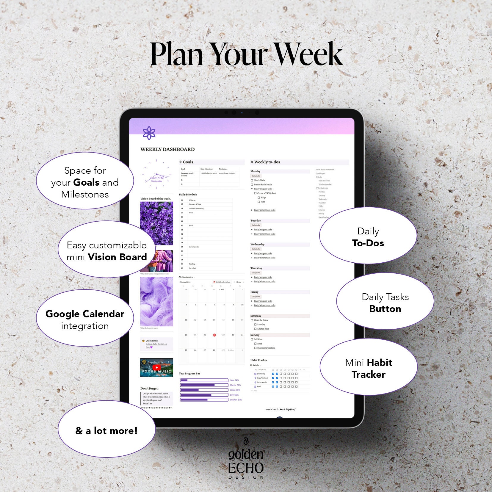 Notion Template Weekly Planner I Aesthetic Weekly Dashboard Template ...