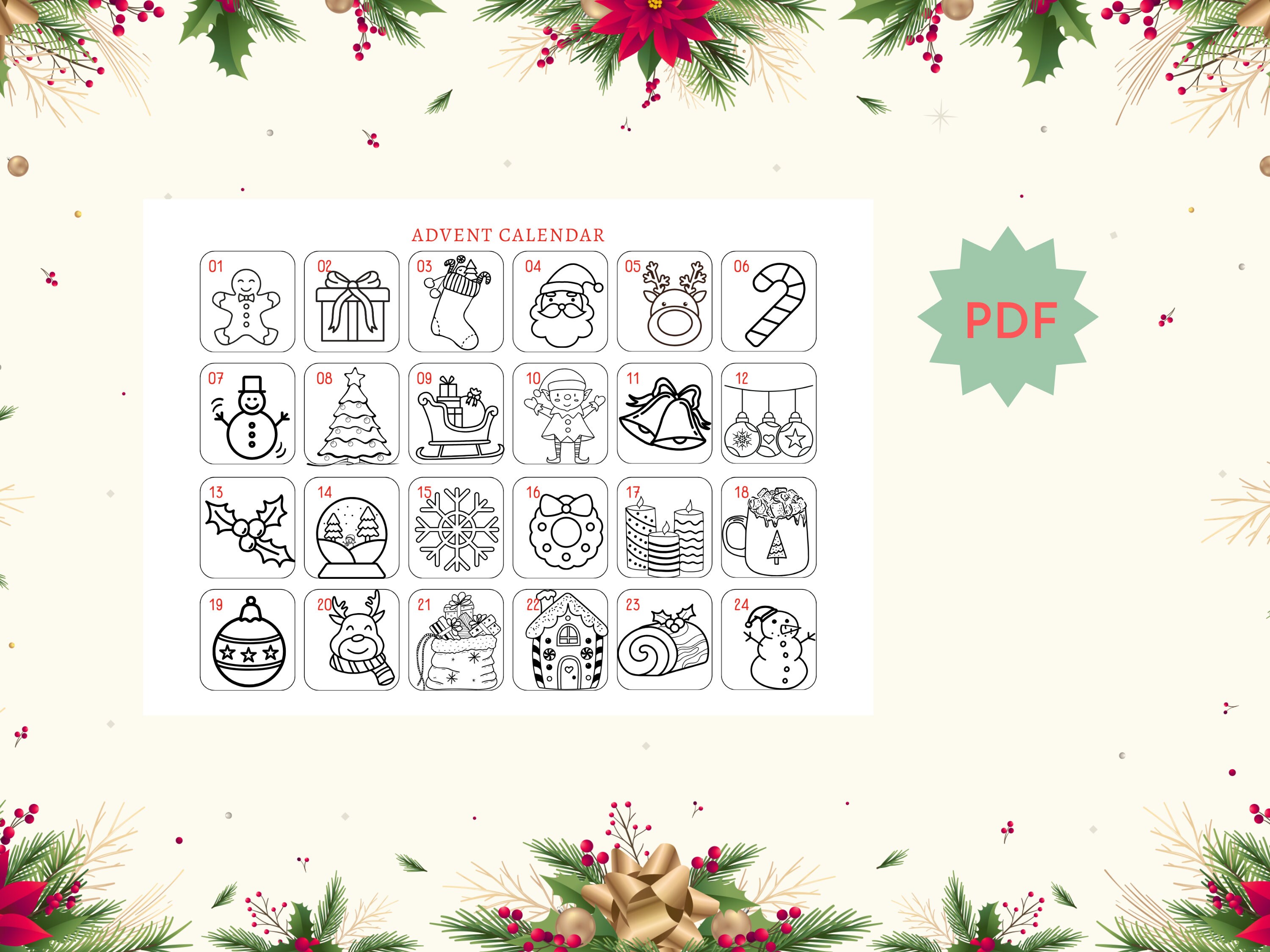 Coloring Christmas Advent Calendar, for Kids, Editable in PDF ...