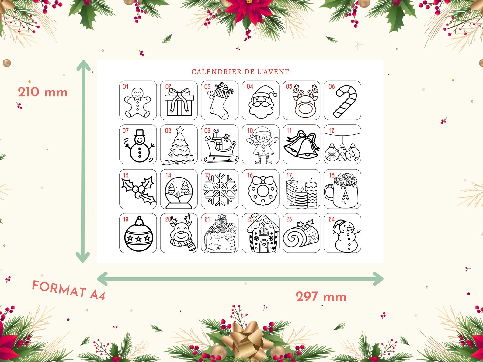 Calendrier De L'avent De Noël, à Colorier, Pour Enfants, En PDF, Compte ...