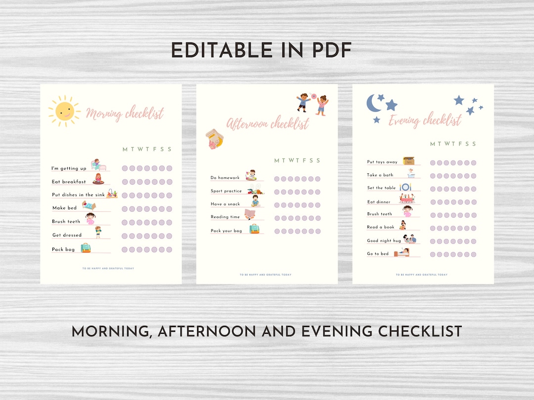 Editable in PDF, Morning Afternoon and Evening Checklist Printable ...