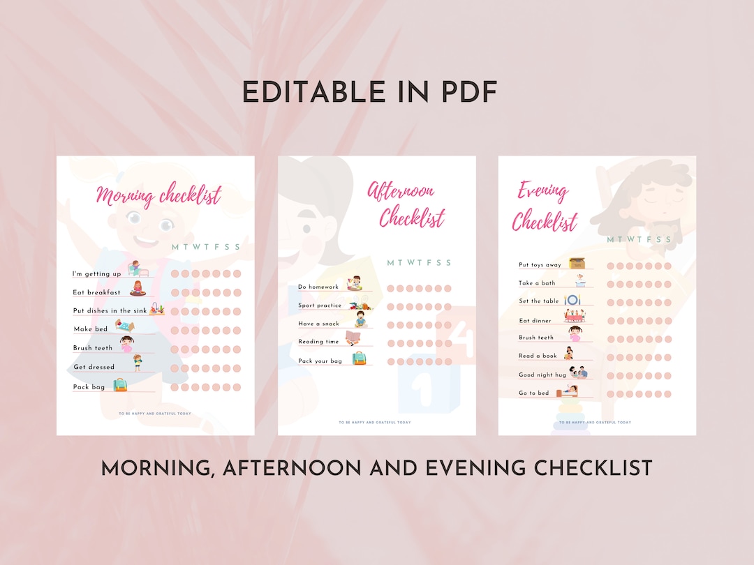 Editable in PDF, Morning Afternoon and Evening Checklist Printable ...