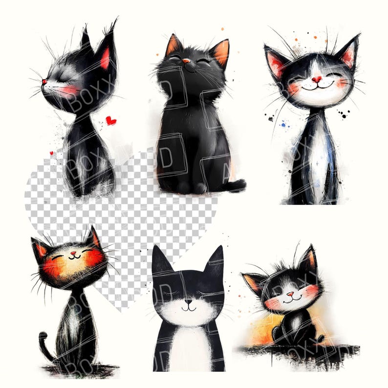 Cat Clipart Watercolor, Black Quirky Cat, Atomic Cat, Clipart Bundle ...
