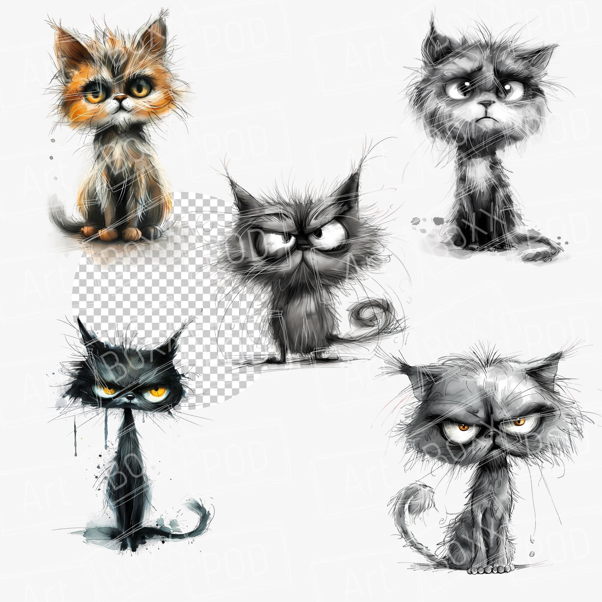 Cat Clipart Watercolor, Quirky Cat, Grumpy Cat, Clipart Bundle PNG ...