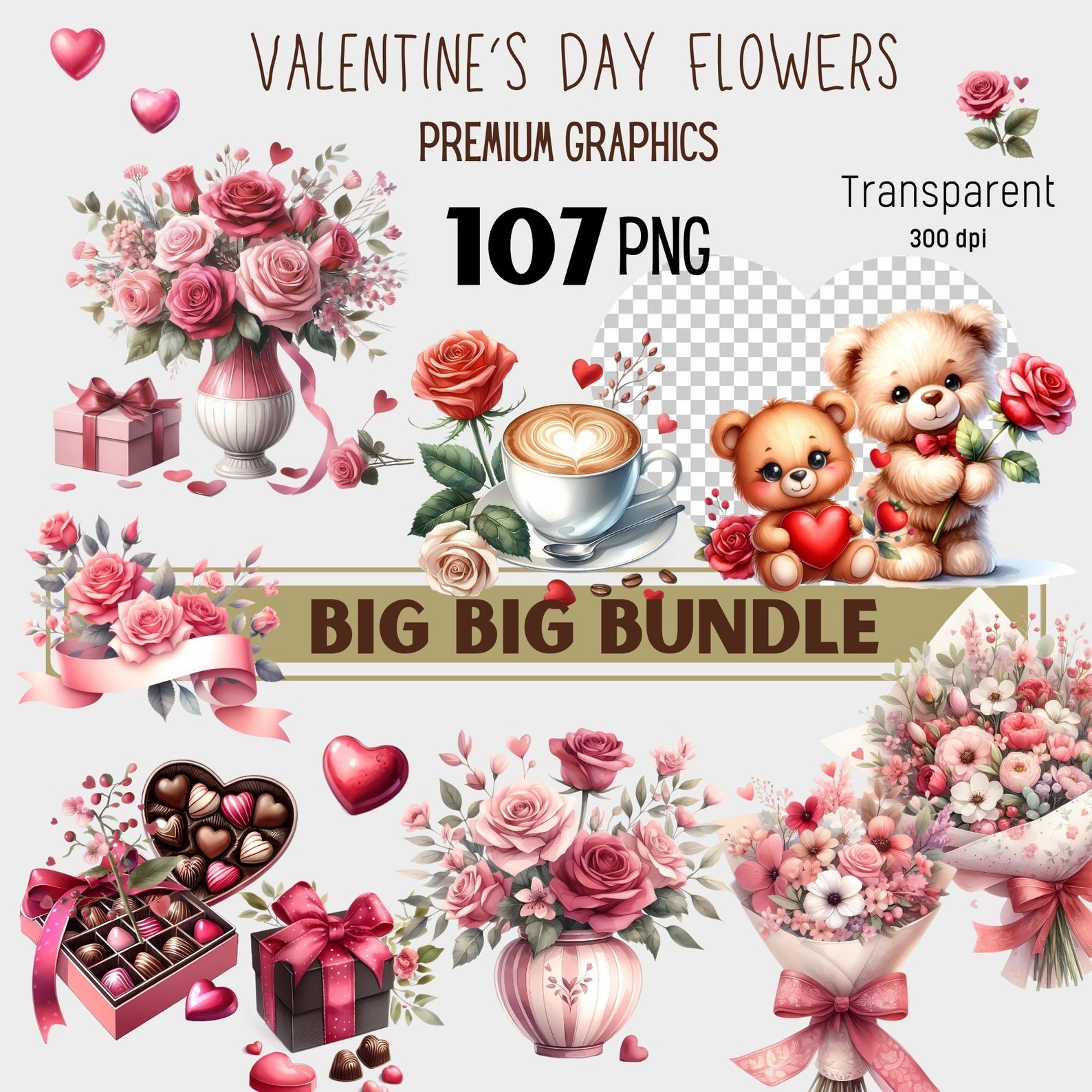 Valentines Clipart Bundle, Valentine PNG Bundle , Pink Rose, Pink ...