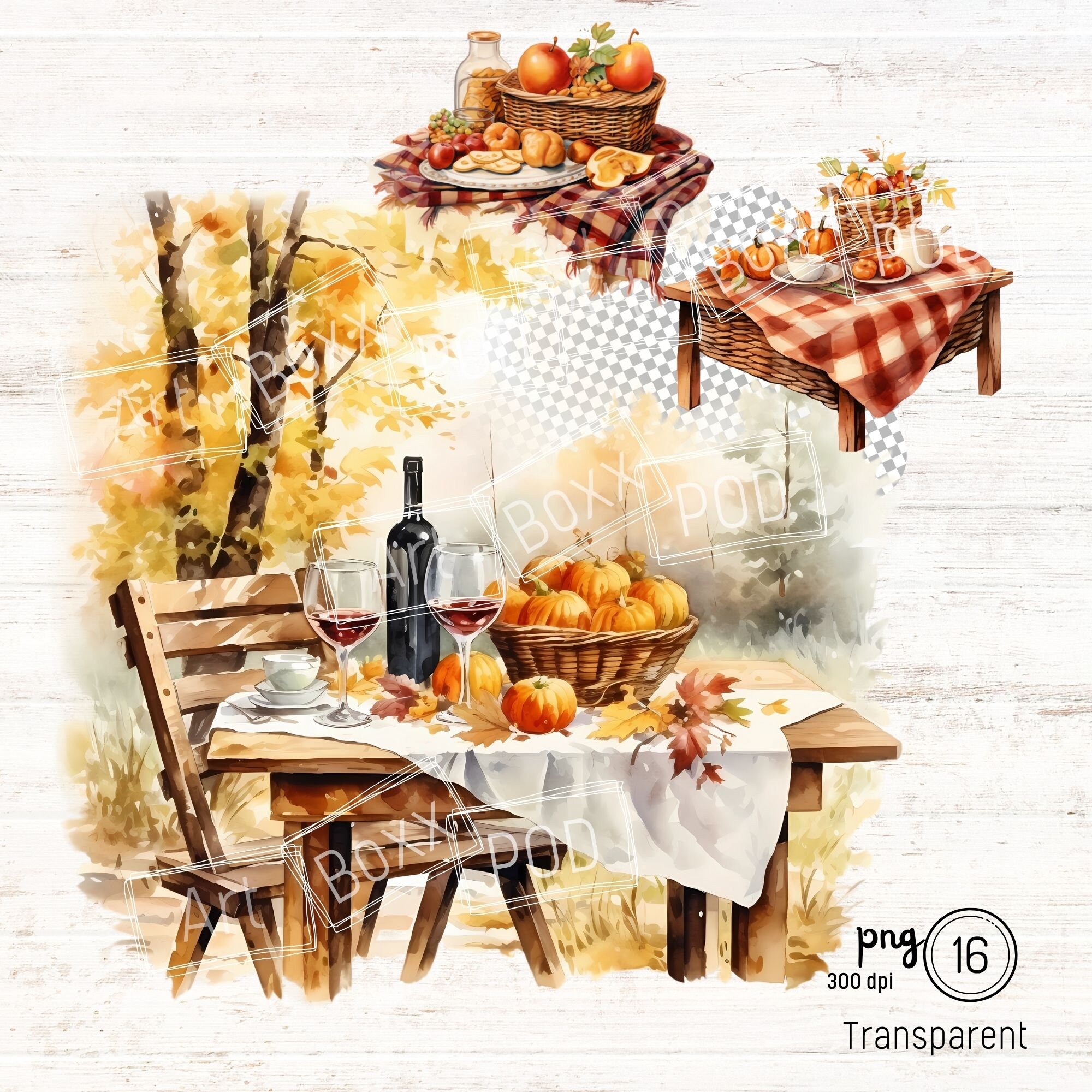 Fall PNG, Fall Picnic PNG V1, Watercolor Clipart, for Stationery, Thank ...