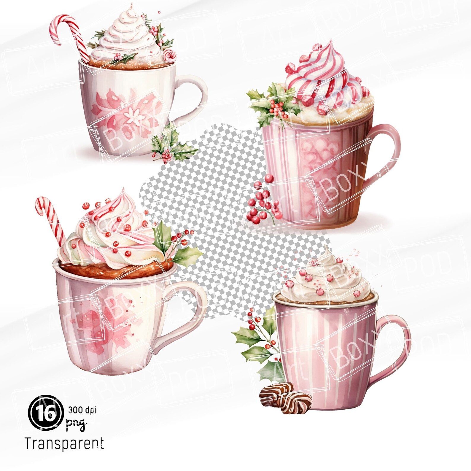 Christmas Clipart, Hot Cocoa PNG, Pink Christmas PNG Watercolor Clipart ...