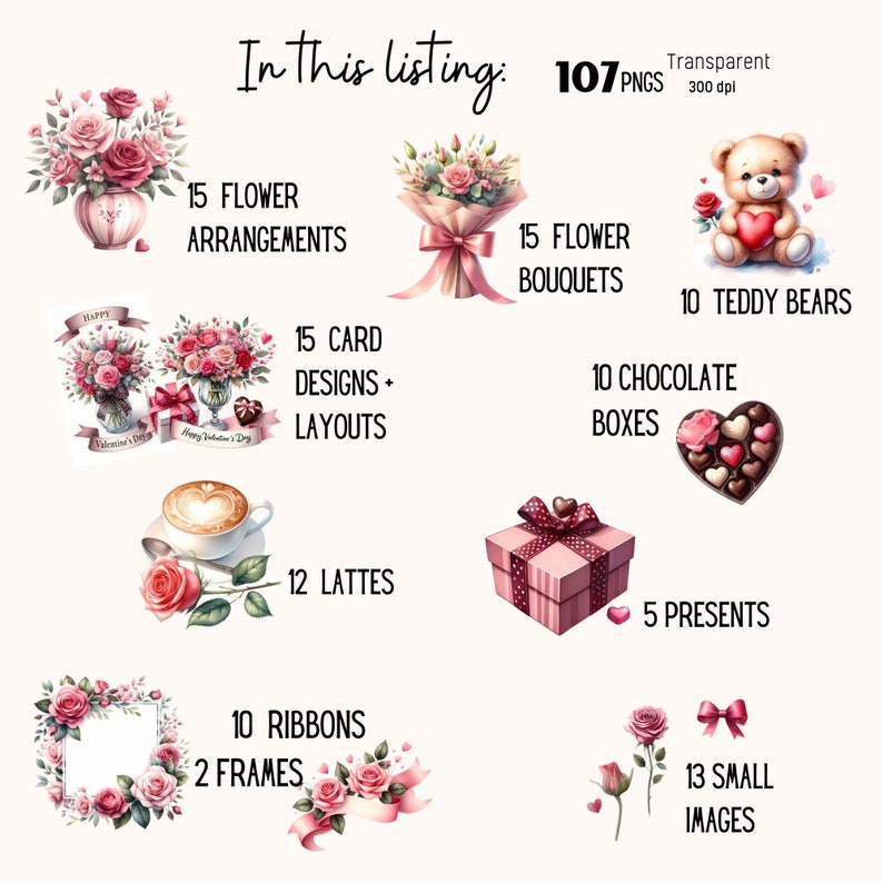 Valentines Clipart Bundle, Valentine PNG Bundle , Pink Rose, Pink ...