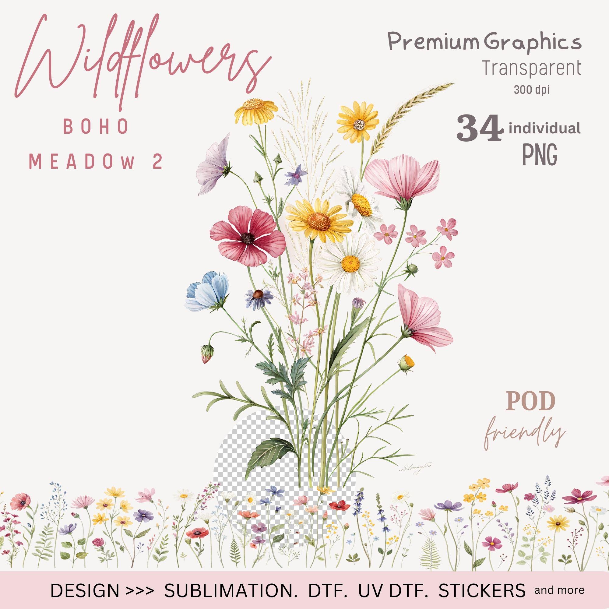Wildflower Boho Flowers PNG Designs, Flowers PNG, Wildflowers Border ...