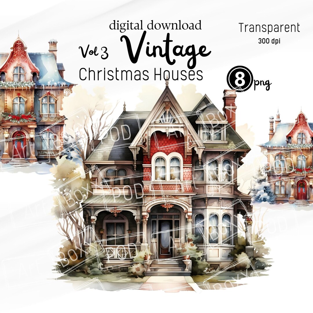 Christmas PNG, Vintage Christmas Houses Vol 3, Watercolor Clipart for ...