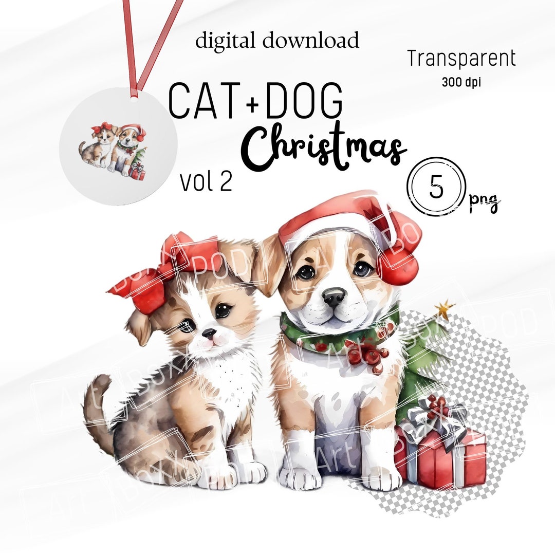 Christmas PNG, Cat and Dog Christmas V.2 Watercolor Clipart for ...