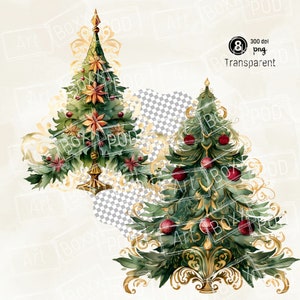 Christmas Clipart, Vintage Christmas Tree PNG, Decorated Tree, Holiday ...