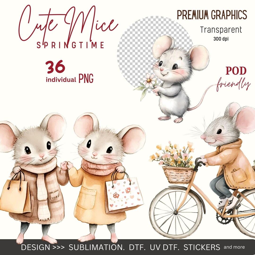 Cute Mice Clipart, Springtime Mouse Cartoon PNG, Nursery Art Digital ...