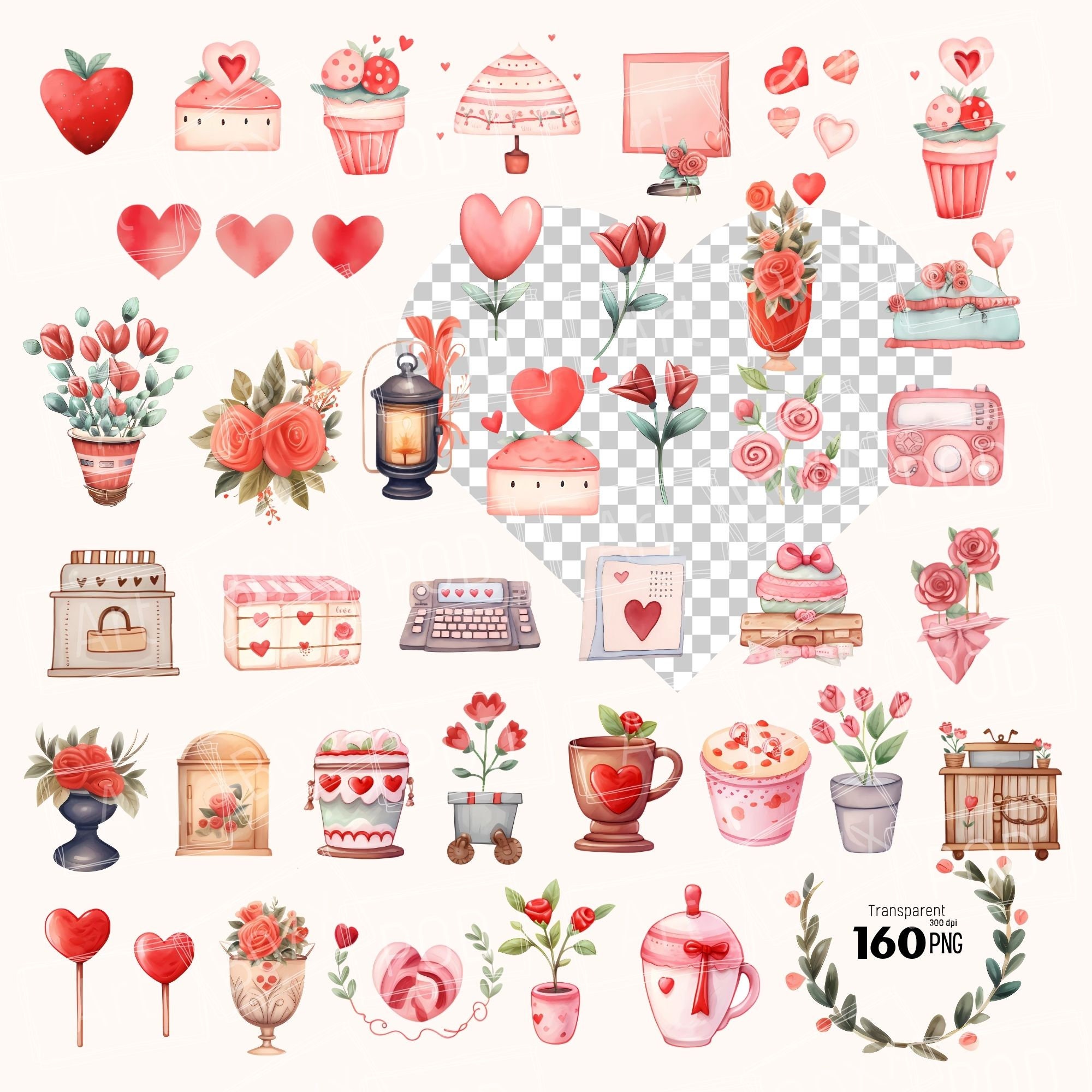 Valentines PNG, Valentine Clipart Bundle, Pink Floral Valentine Cute ...