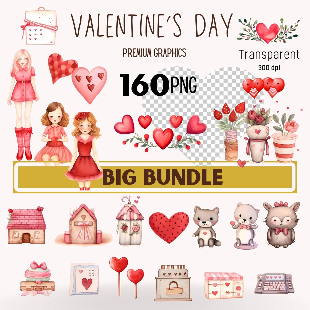 Valentines PNG, Valentine Clipart Bundle, Pink Floral Valentine Cute ...