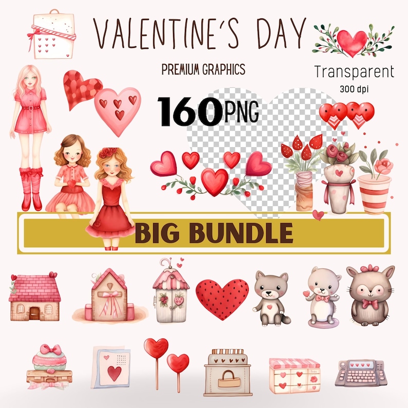 Valentines PNG, Valentine Clipart Bundle, Pink Floral Valentine Cute ...