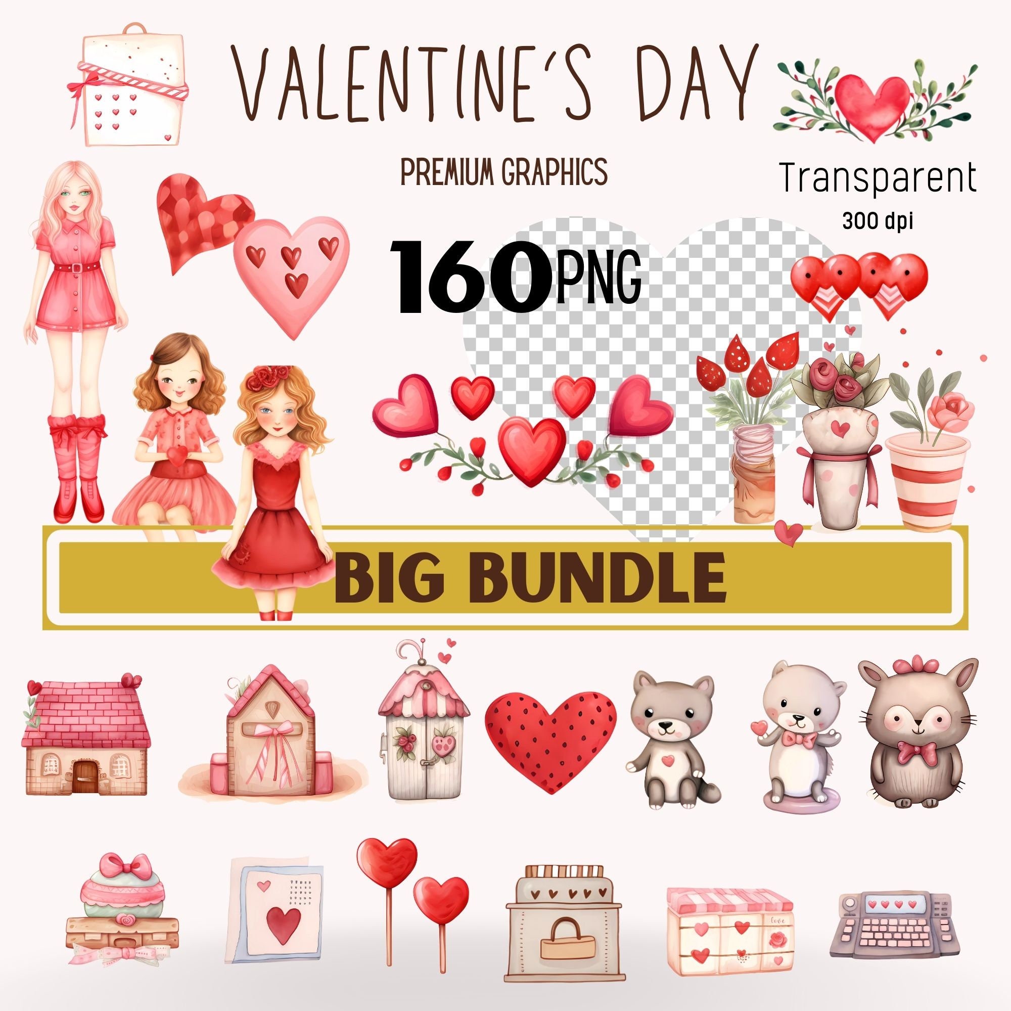 Valentines PNG, Valentine Clipart Bundle, Pink Floral Valentine Cute ...
