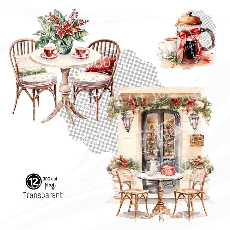 Christmas Clipart, Christmas Cafe, Watercolor Clipart, Christmas Cards ...