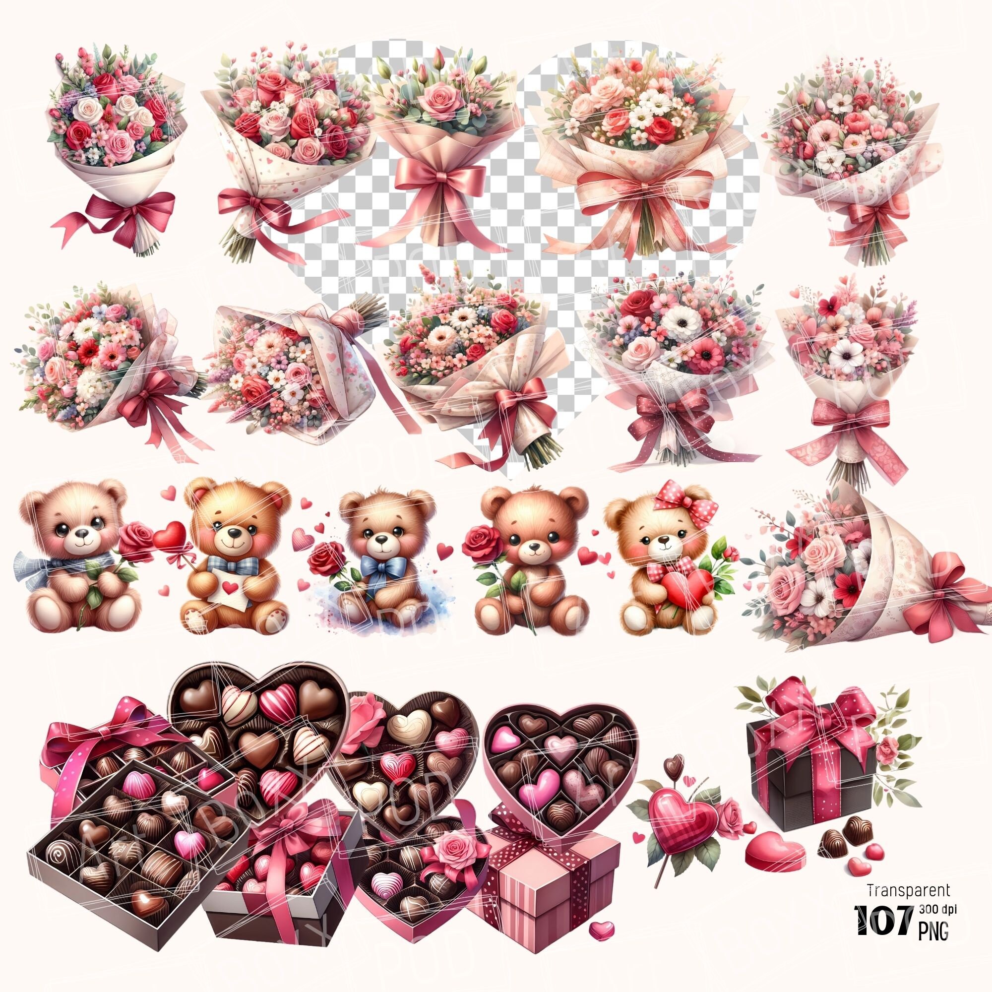 Valentines Clipart Bundle, Valentine PNG Bundle , Pink Rose, Pink ...