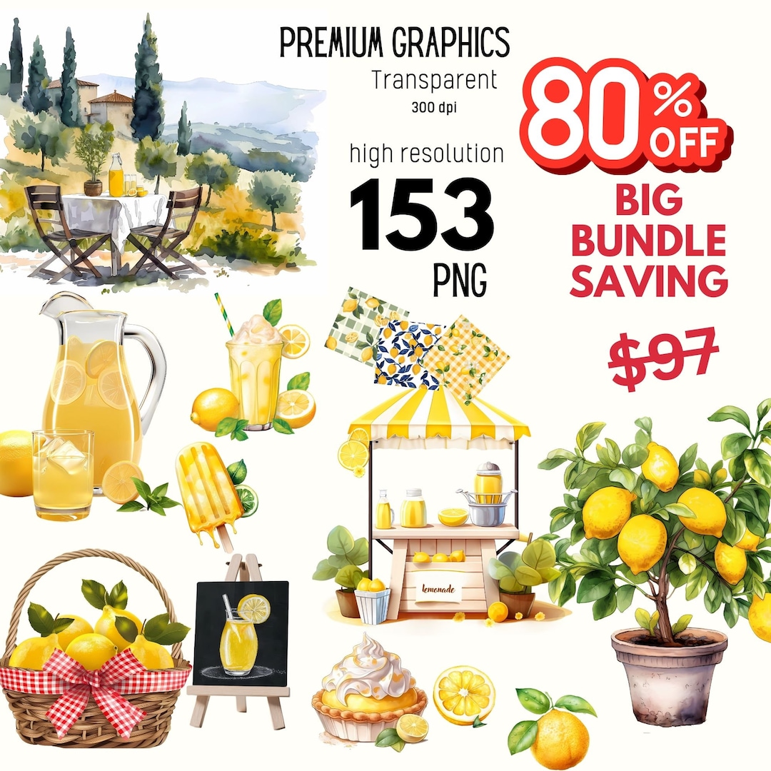 Lemon, Lemonade Pitcher PNG Bundle, Watercolor Big Bundle Summer ...