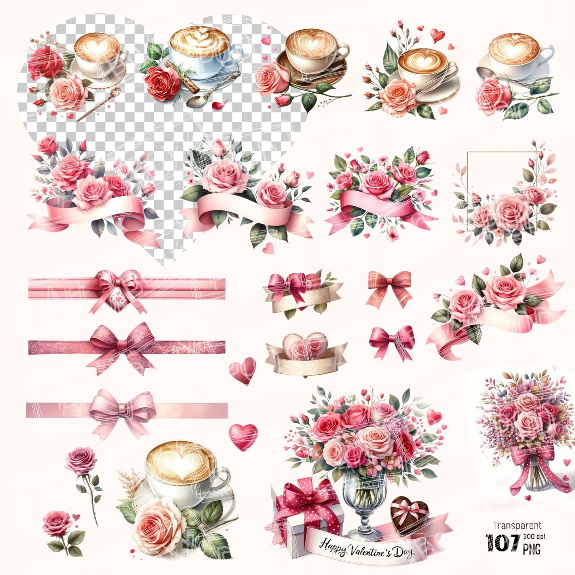 Valentines Clipart Bundle, Valentine PNG Bundle , Pink Rose, Pink ...