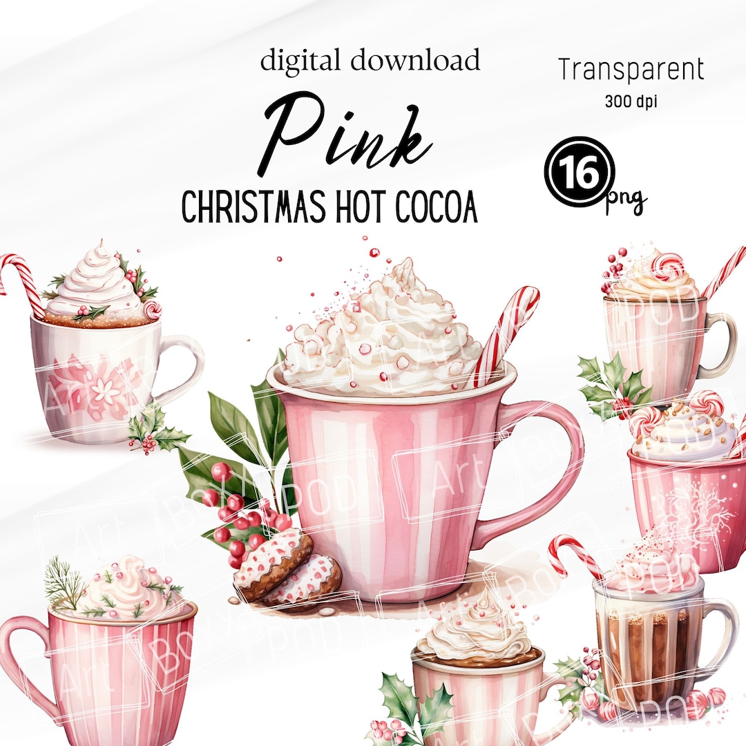 Christmas Clipart, Hot Cocoa PNG, Pink Christmas PNG Watercolor Clipart ...