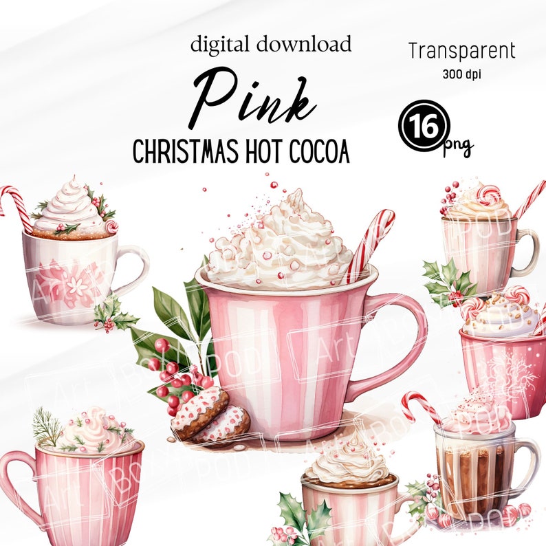 Christmas Clipart, Hot Cocoa PNG, Pink Christmas PNG Watercolor Clipart ...